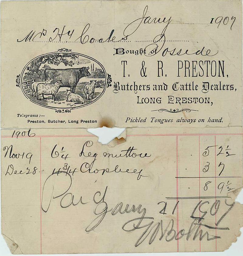 Exit/Old Documents relating to Long Preston/Miscellaneous/Meat bill 1907